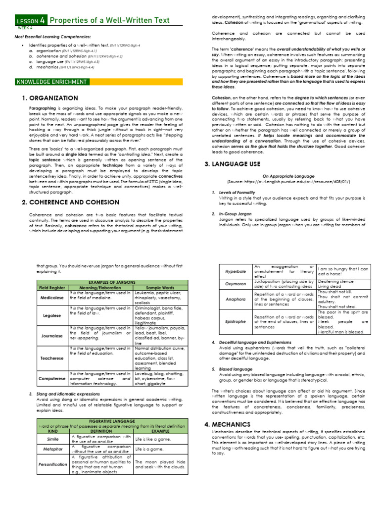 LESSON 4. Properties of Well-Written Text | PDF | Paragraph | Essays