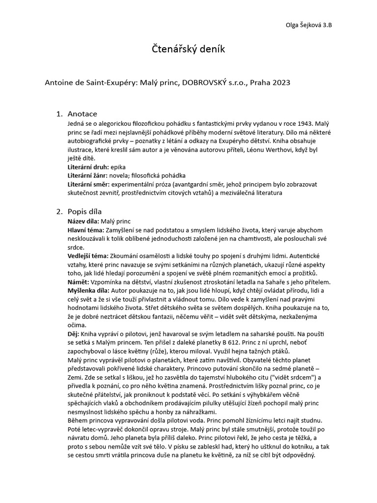 Čtenářský Deník - Malý Princ | PDF