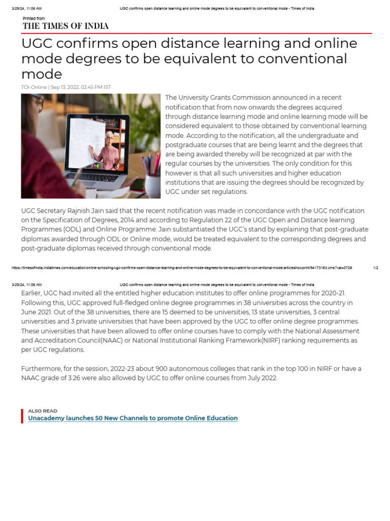 UGC: Online Degrees Equal to Conventional | PDF | Academic Degree | Distance Education