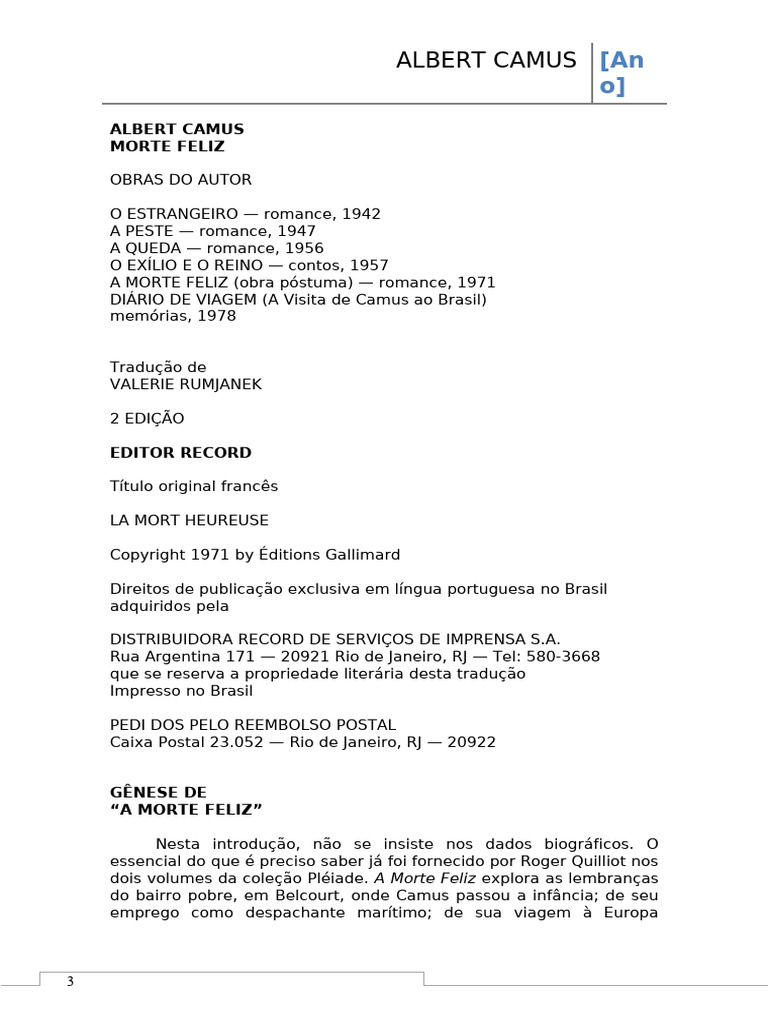 A Morte Feliz PT-páginas-1 | PDF | Albert Camus