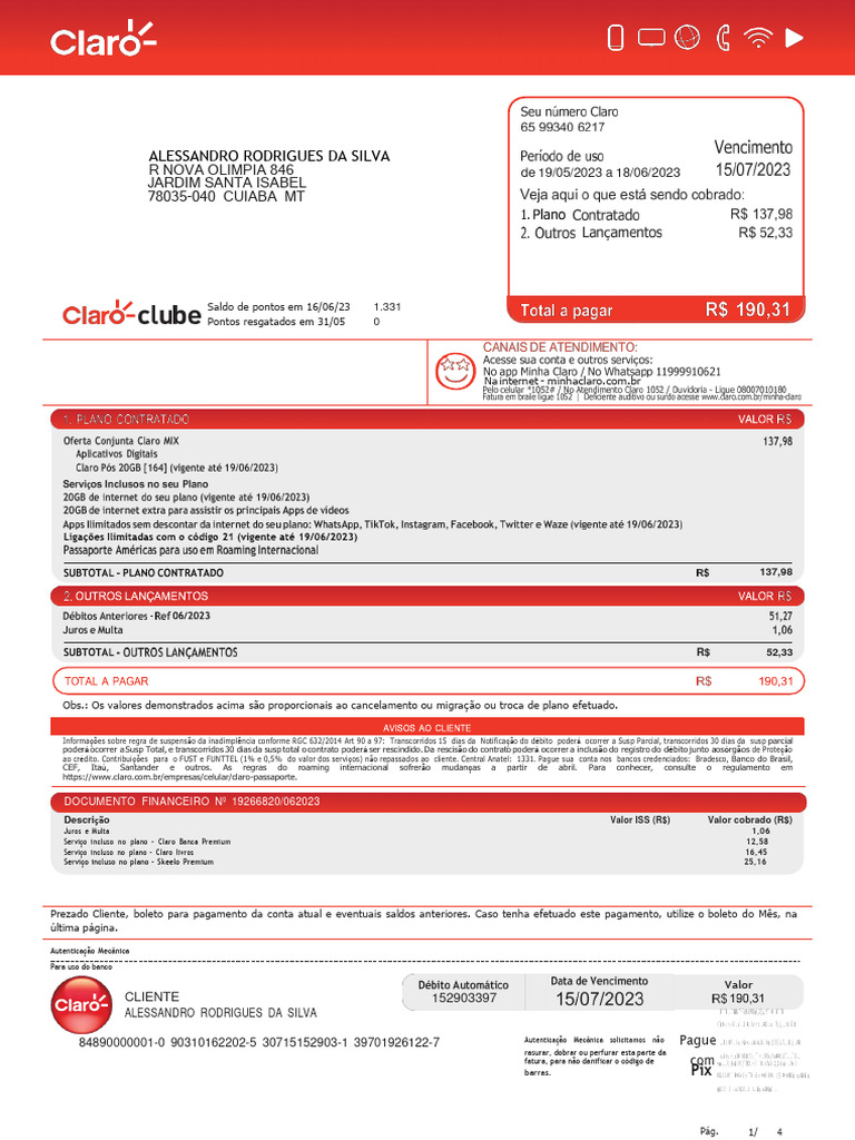 Fatura Claro | PDF | Dinheiro | Finanças pessoais