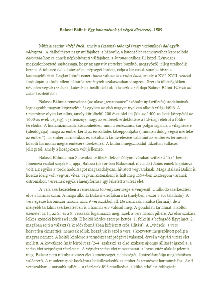 Balassi Bálint-Egy Katonaének - Elemzés | PDF