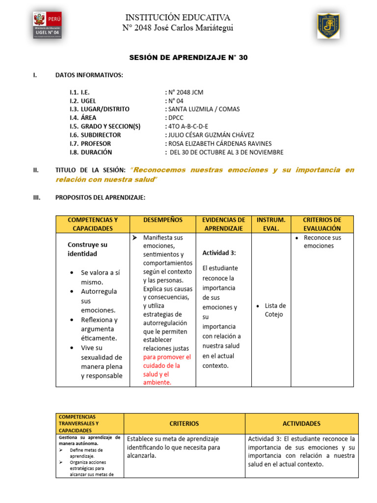 Sesion 30 DPCC 4to U8 | Descargar gratis PDF | Las emociones | Aprendizaje