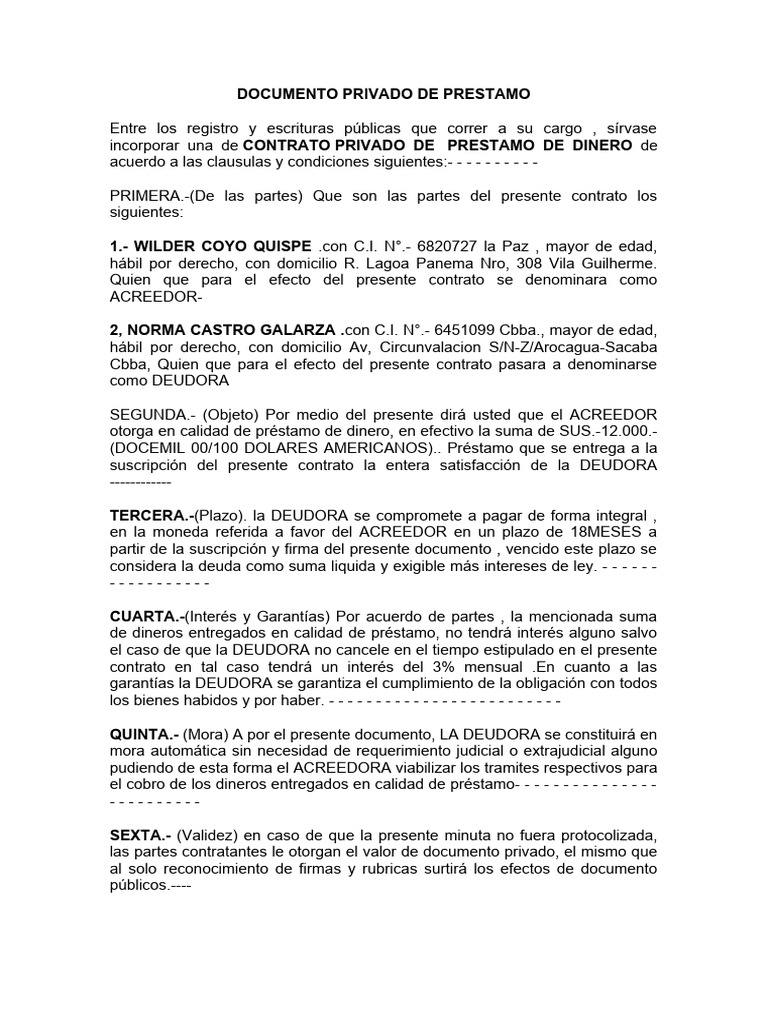 Documento Privado de Prestamo | PDF