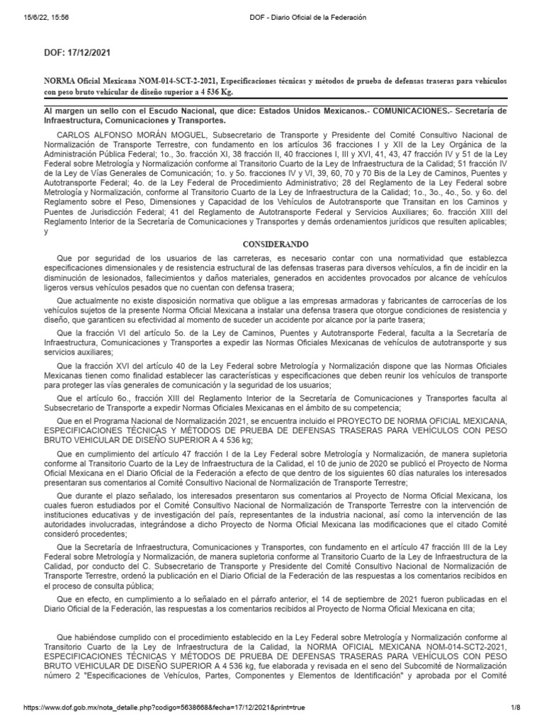 Norma NOM-014-SCT-2-2021 sobre defensas traseras | PDF | Camión | Eje