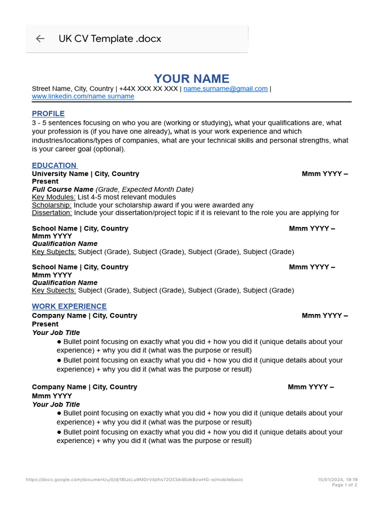 UK CV Template | PDF | Experience | Cognition