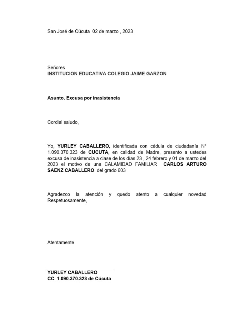 Carta de Inasistencia Escolar | PDF
