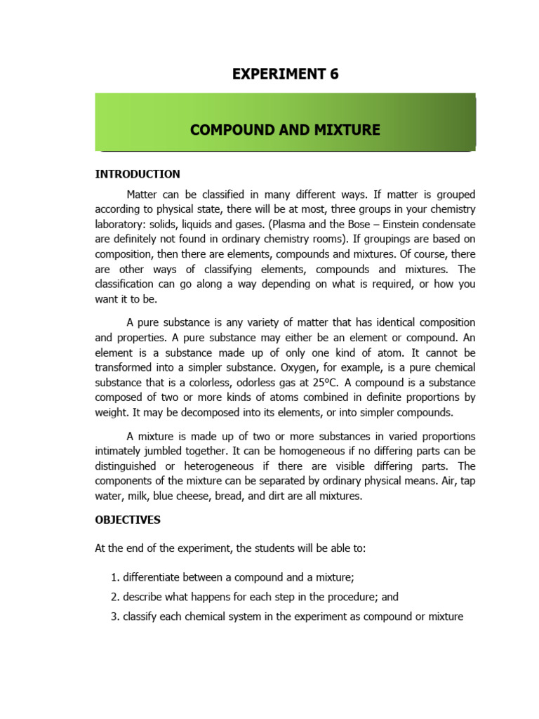 Experiment 6 - Compounds Mixtures | PDF | Matter | Mixture