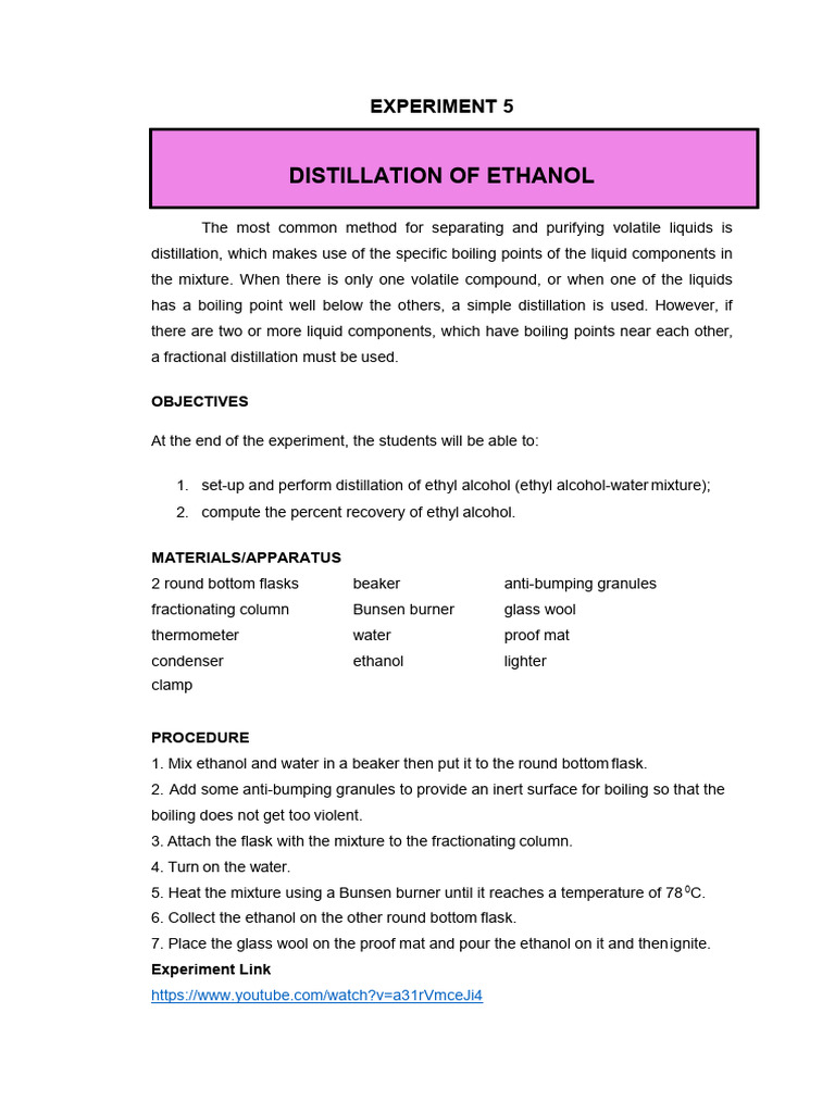 Ethanol Distillation Experiment Guide | PDF