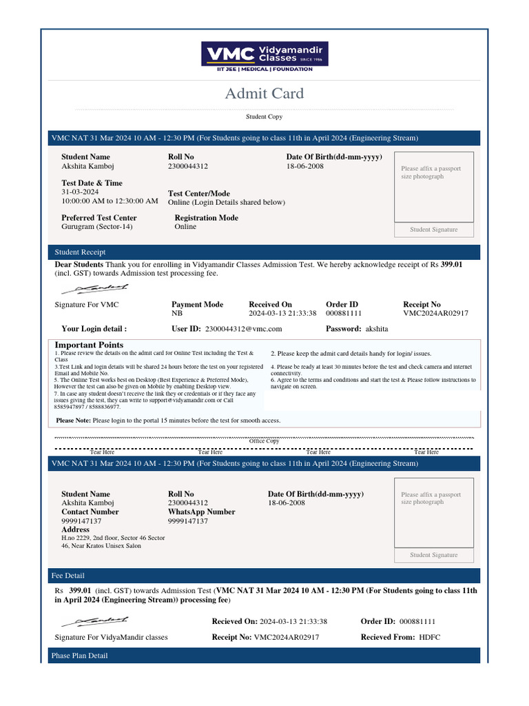 VMC NAT Admit Card for Class 11 | PDF | Login | Computing