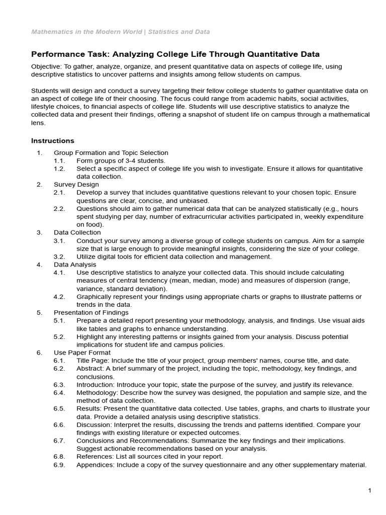 Performance Task: Analyzing College Life Through Quantitative Data | PDF | Statistics | Survey ...