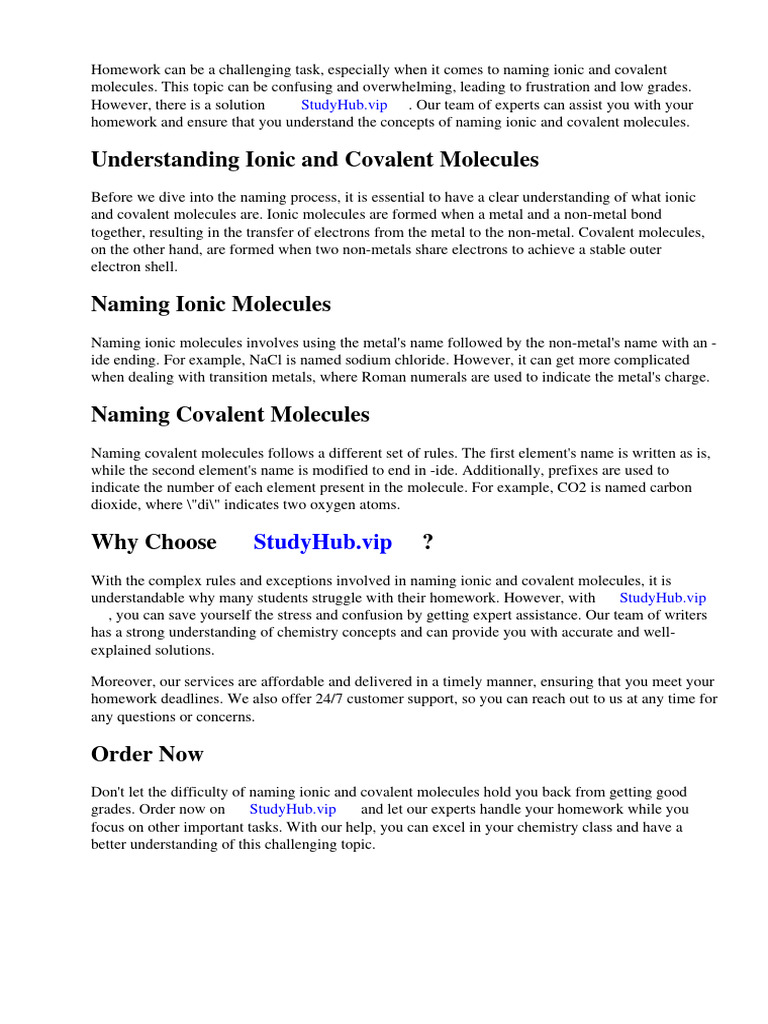 Homework Naming Ionic and Covalent Molecules | PDF | Molecules ...