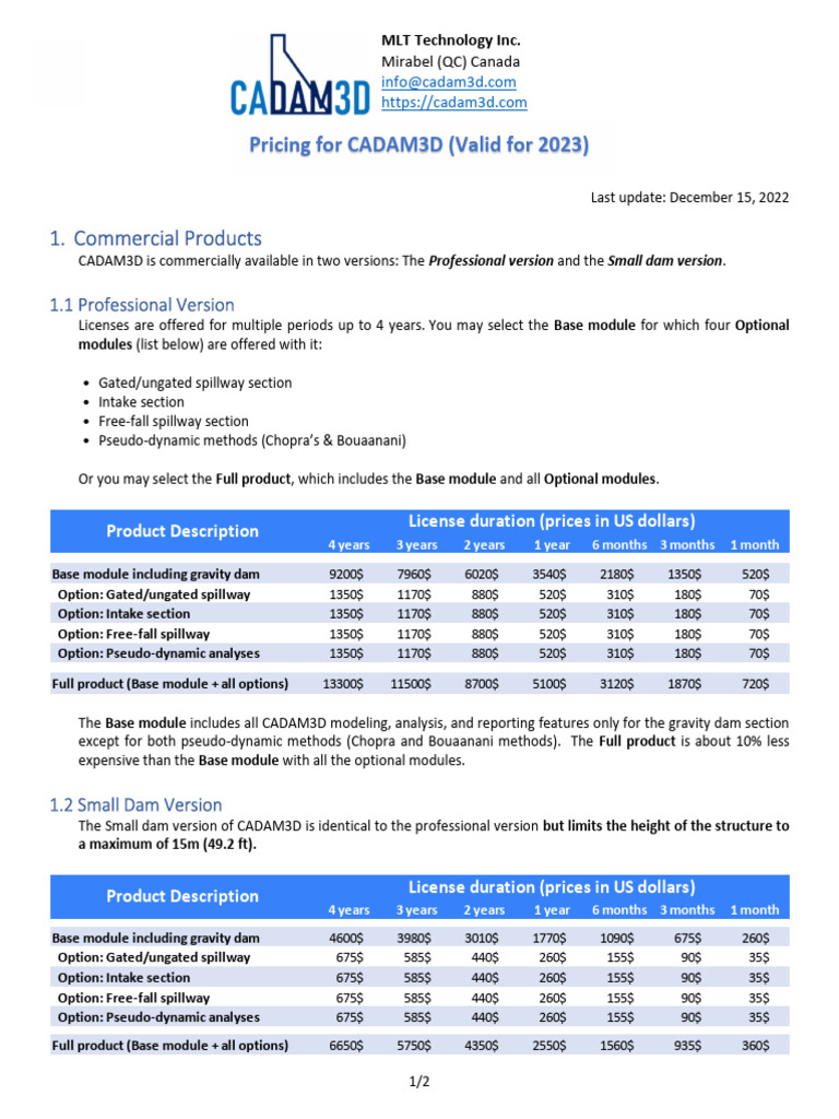 Prices For CADAM3D - 2023 | PDF | Dam | Spillway