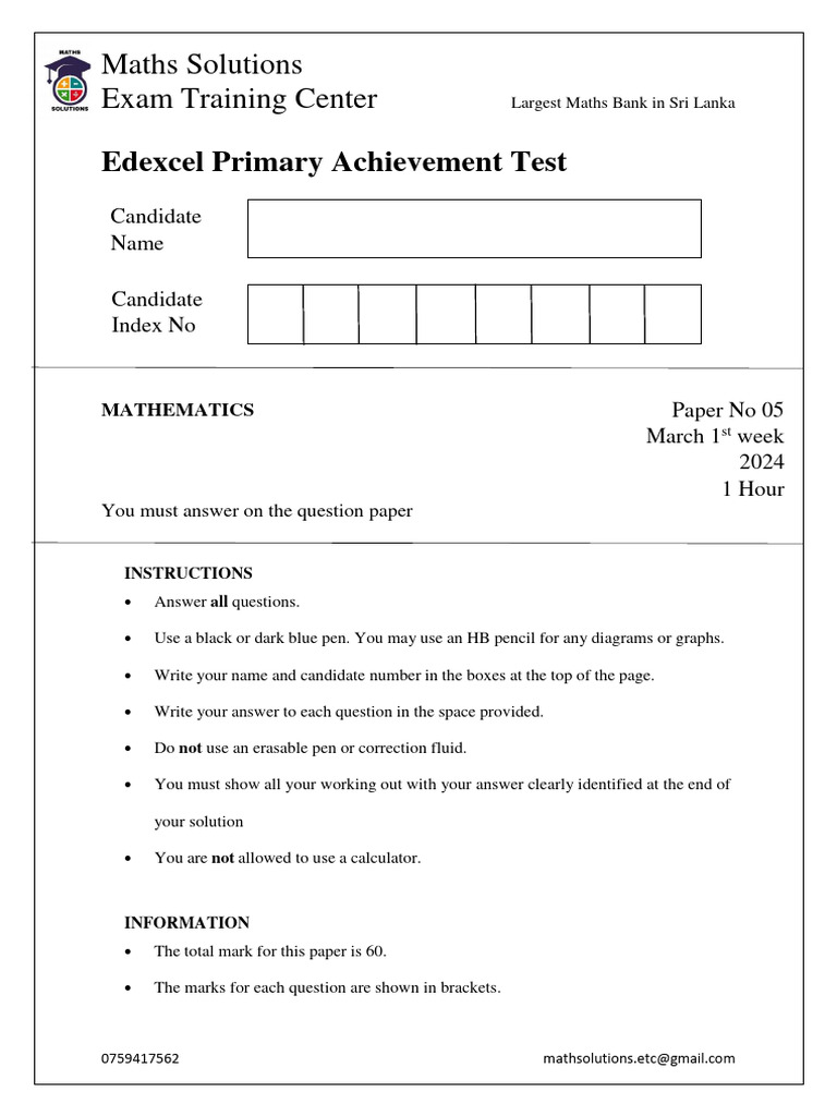 Paper No 05 Edexcel Primary | PDF | Mathematics