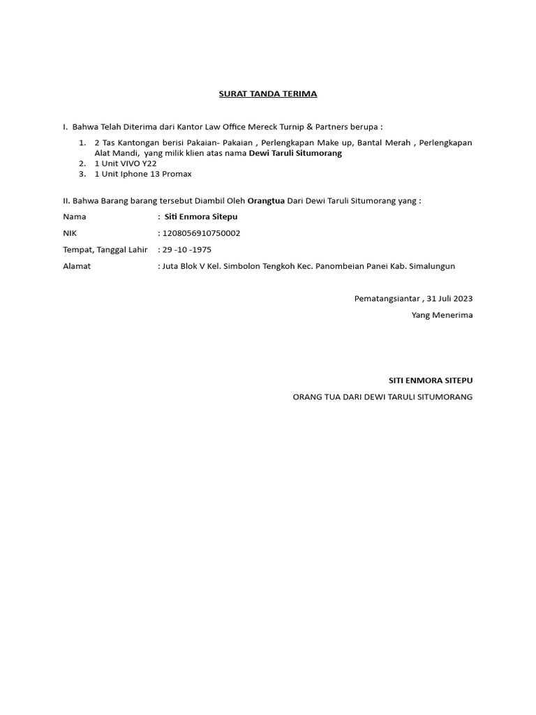 Surat Tanda Terima Barang Dewi Taruli | PDF