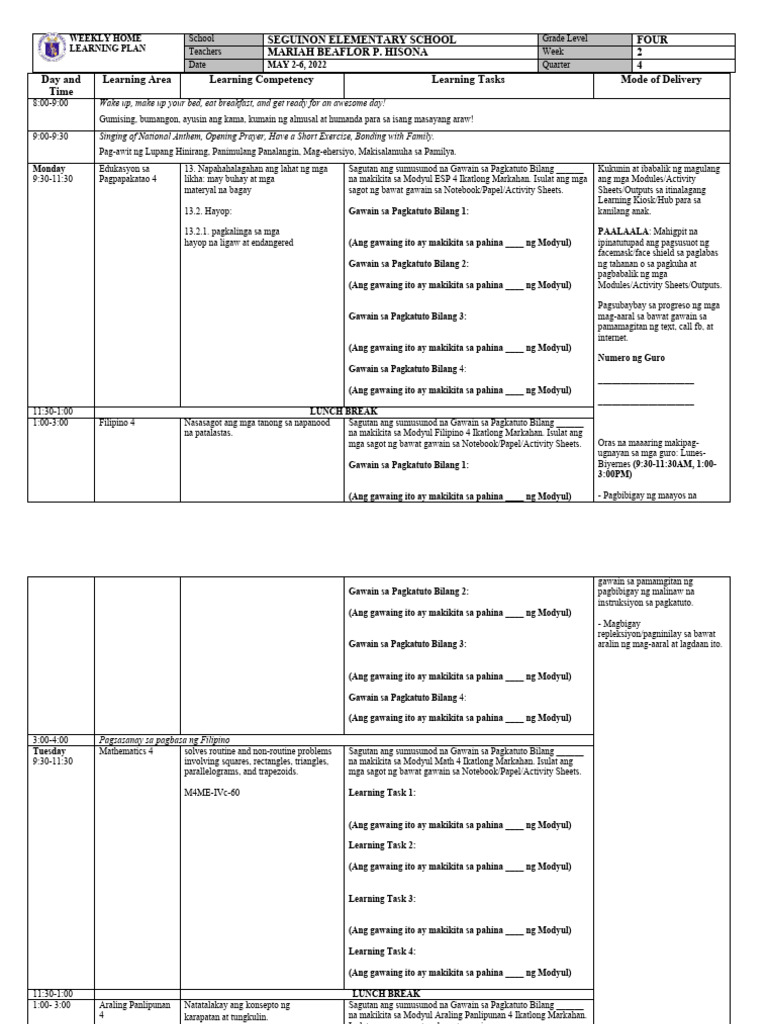 WHLP Grade 4 Q4 Week 2 | PDF