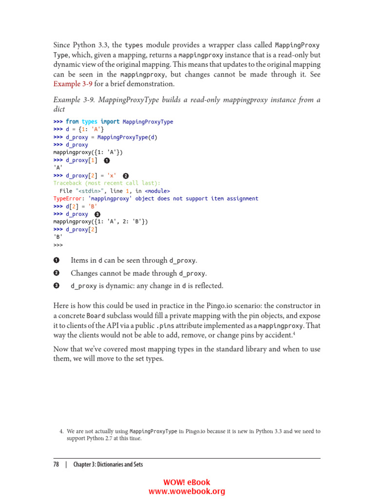 Example 3-9: Example 3-9. Mappingproxytype Builds A Read-Only Mappingproxy Instance From A Dict ...