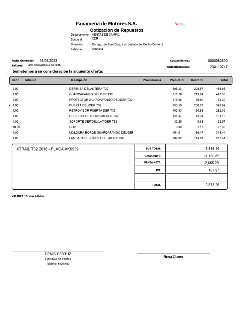 Cotización de Repuestos T32 y D23X | PDF | Estilos de carrocería | Coche