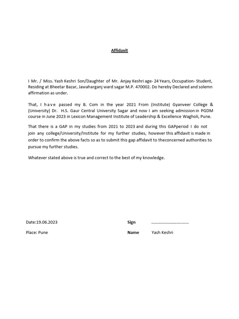 Affidavit For Educational Gap | PDF | Civil Law (Common Law) | Evidence