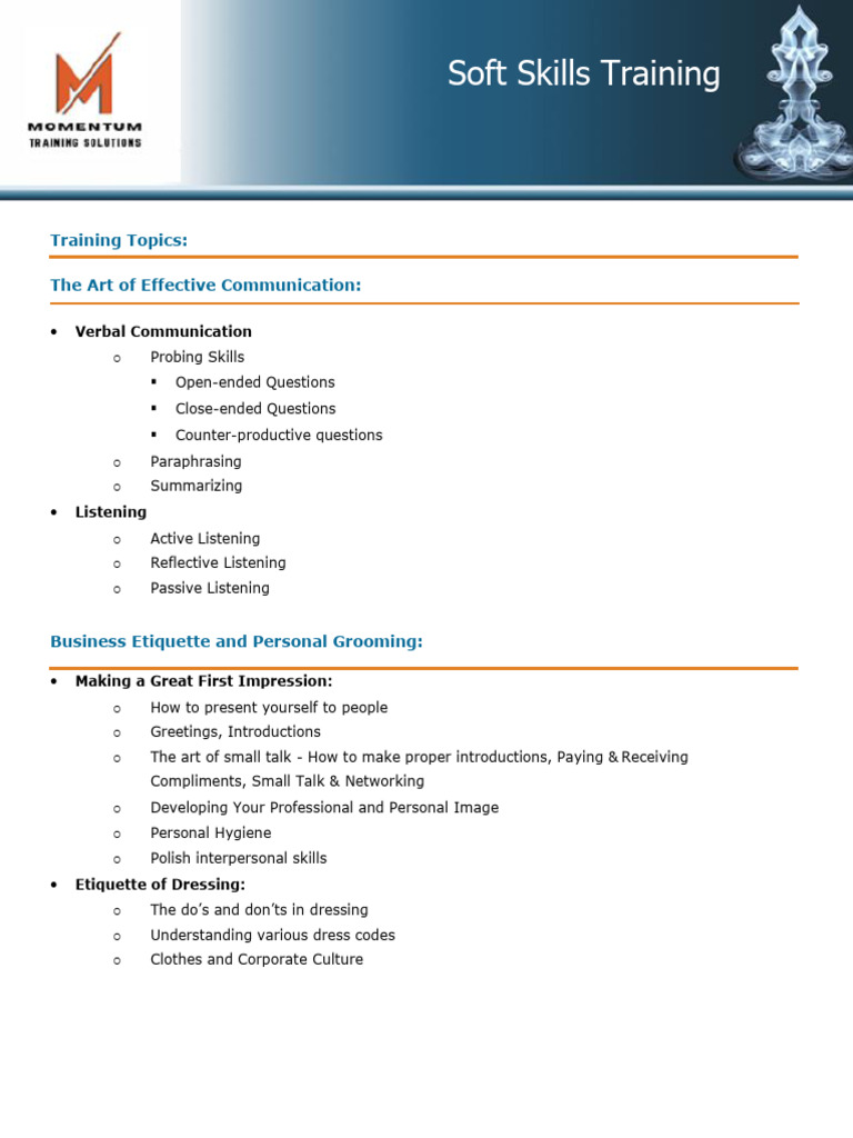 Soft Skills Training Workshop Outline | PDF | Communication | Behavior Modification