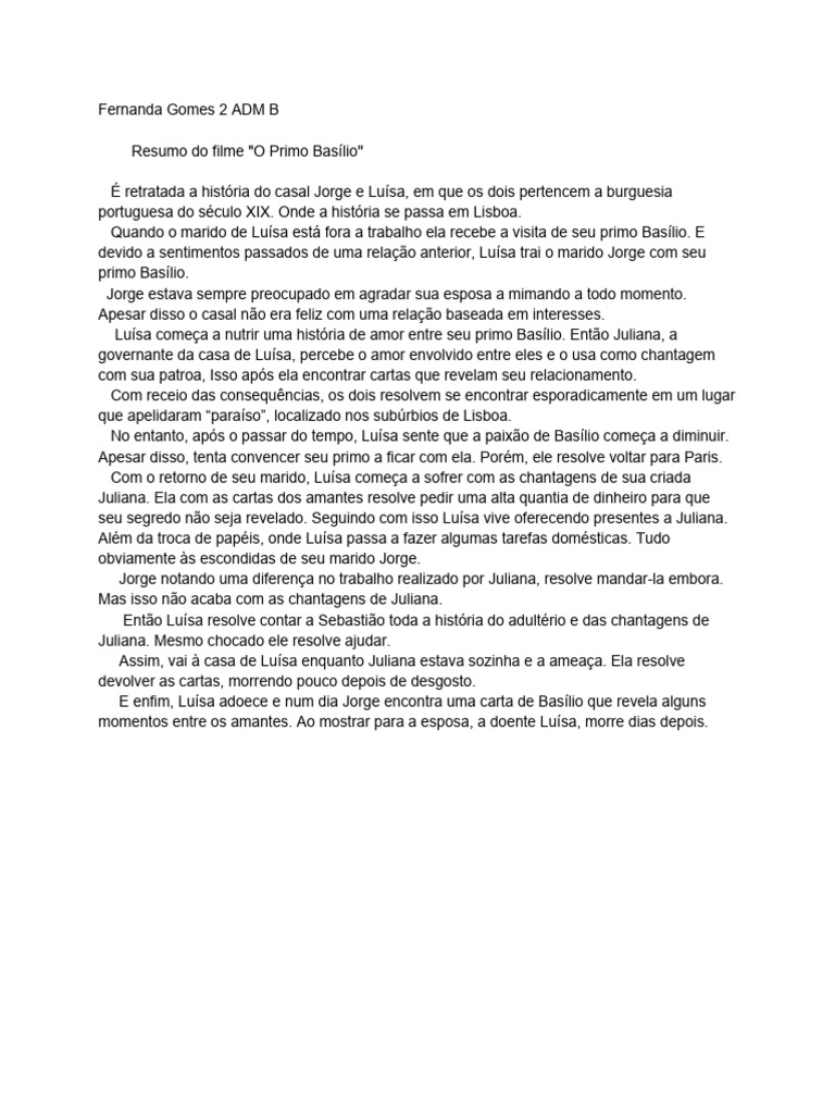 Resumo Do Filme - O Primo Basílio'' | PDF