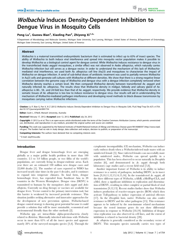 Wolbachia Induces Density-Dependent Inhibition To Dengue Virus in Mosquito Cells | PDF | Virus ...