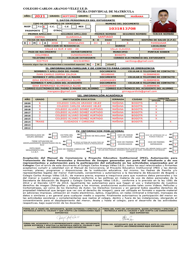 Ficha de Matrícula 2025 - IED Carlos Arango Vélez | PDF | Bogotá