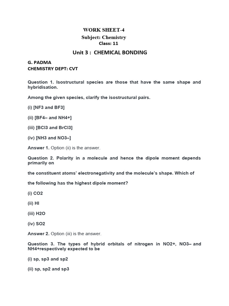11th Work Sheet 4 | PDF | Chemical Bond | Covalent Bond