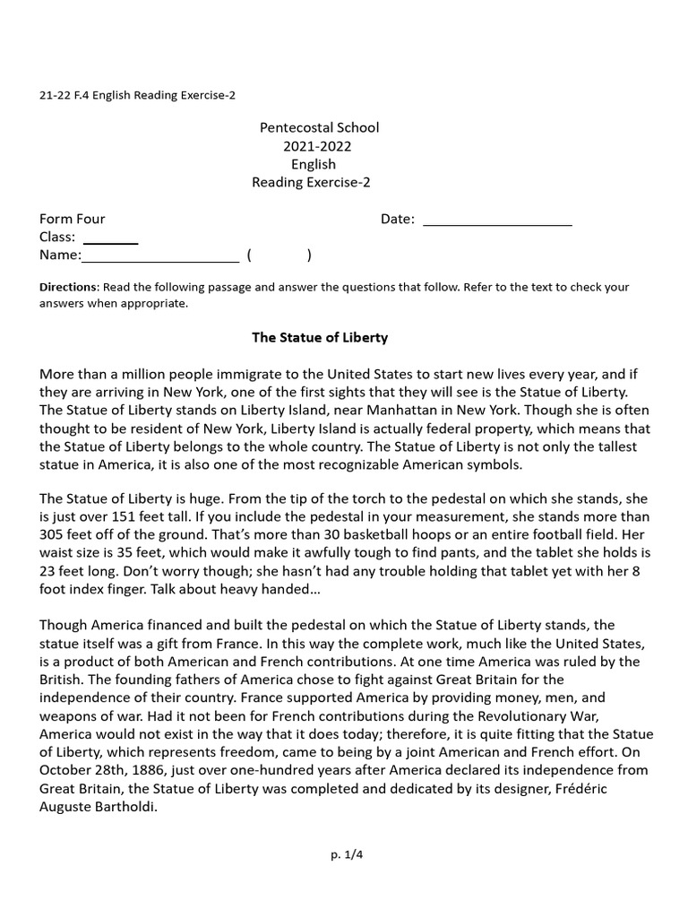 21-22 F.4 English Reading Exercise-2 | PDF