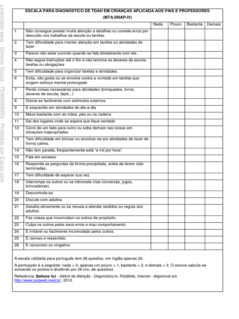 Escala-Snap-Iv Adaptada Ao TOD e TDAH | PDF