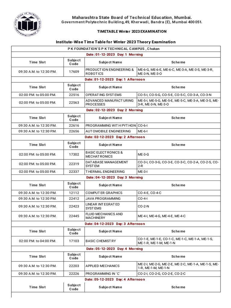 Time Table for Winter 2023 Theory Examination | PDF | Computing | Engineering