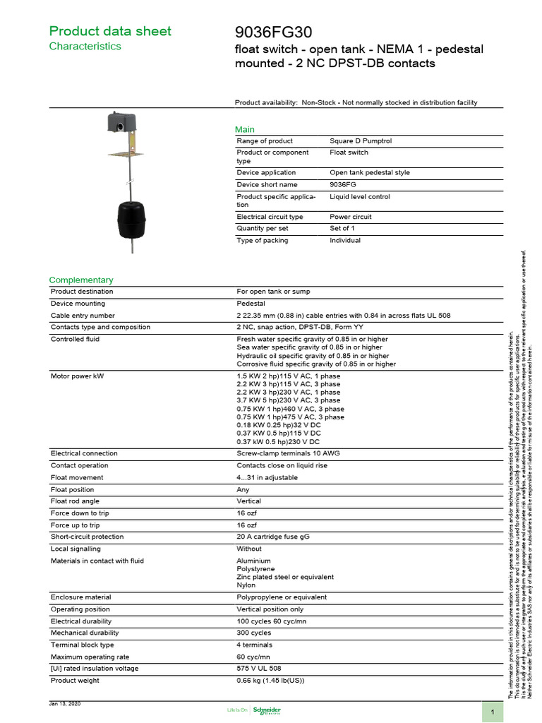 Product Data Sheet: Float Switch - Open Tank - NEMA 1 - Pedestal ...
