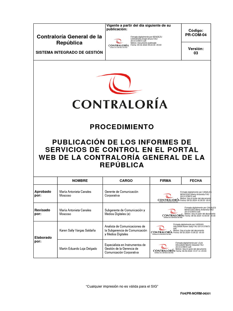 (PR-COM-04) V-03 Publicación Informes de Control en Portal CGR | PDF | Auditoría | Contralor