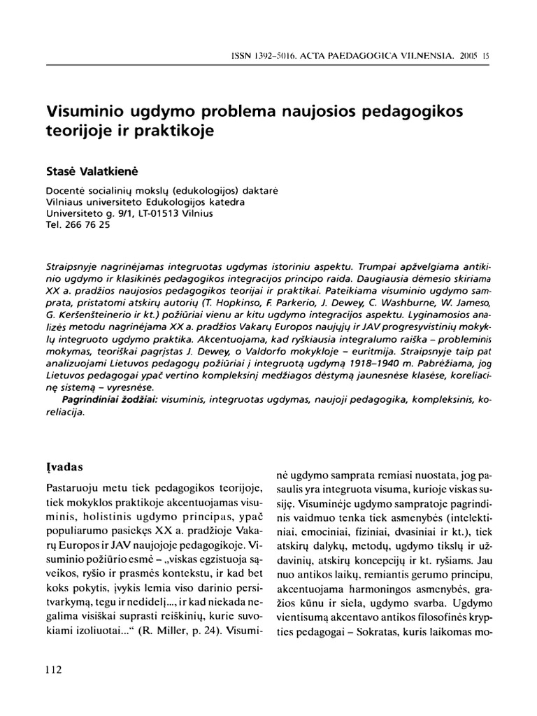 Visuminis Ugdymas Naujojoje Pedagogikoje | PDF
