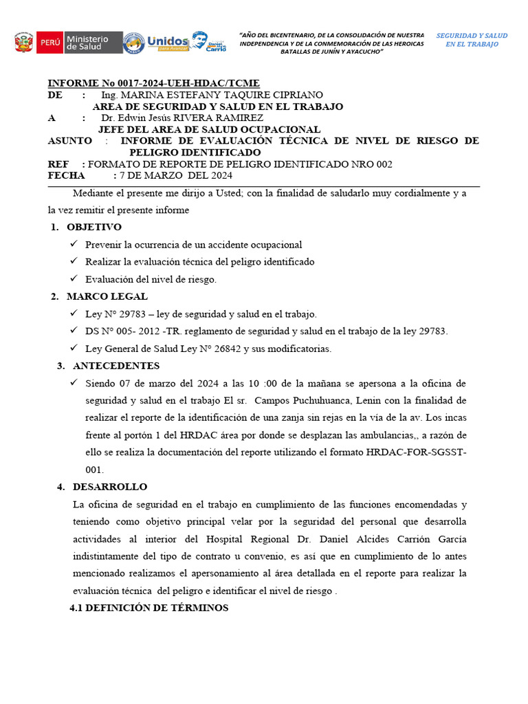 INFORME # 17-2024 - Informe de Reporte de Peligro Identificado | PDF | Riesgo | Toma de decisiones