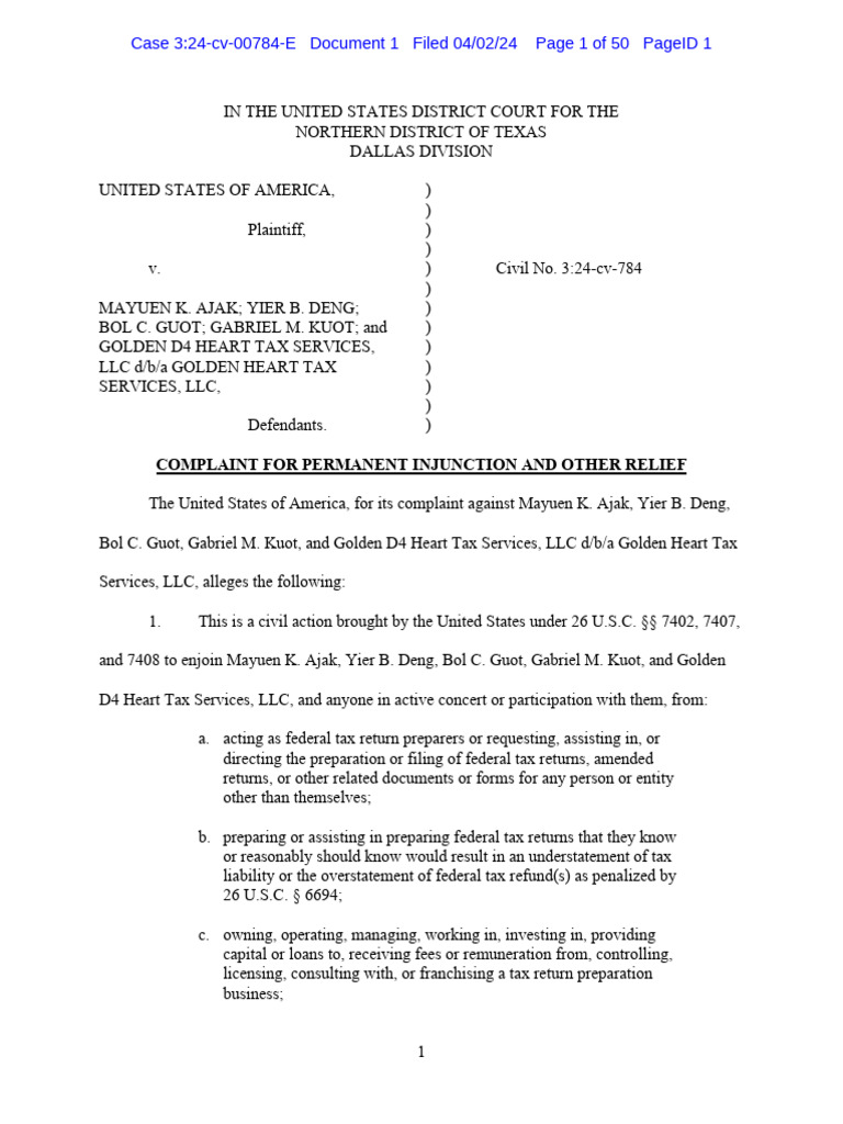 U.S. v. Ajak Et Al Filed Complaint | PDF | Earned Income Tax Credit ...