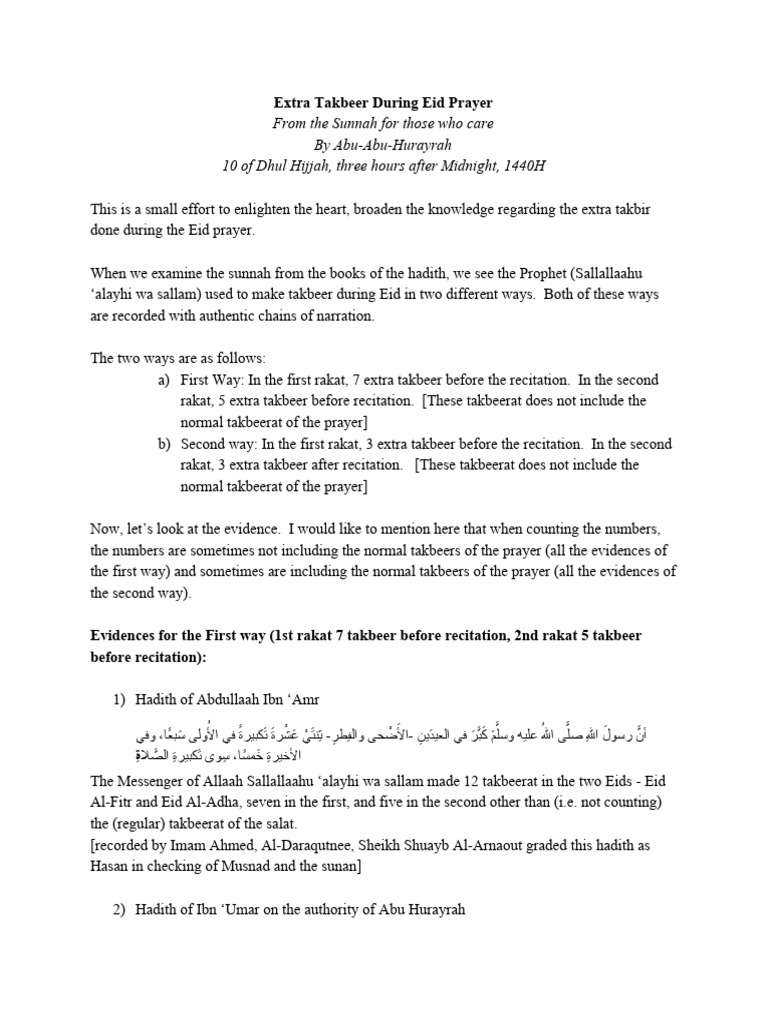 Extra-Takbeer-during-Eid-Prayer | PDF | Hadith | Semitic Words And Phrases