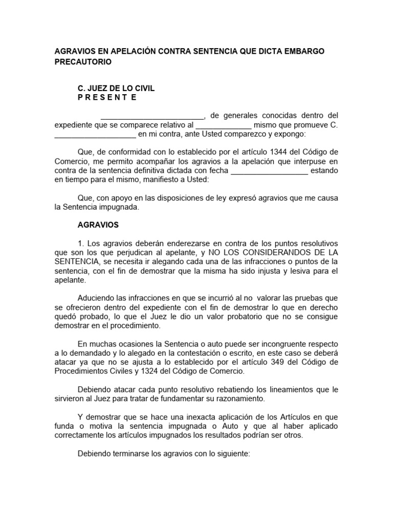 AGRAVIOS EN APELACIâ ¡N CONTRA SENTENCIA QUE DICTA EMBARGO PRECAUTORIO | PDF | Sentencia (ley ...