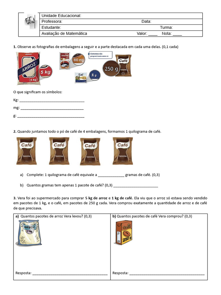 Avaliação de Matemática 4º Ano Medidas de Massa e Capacidade | PDF ...