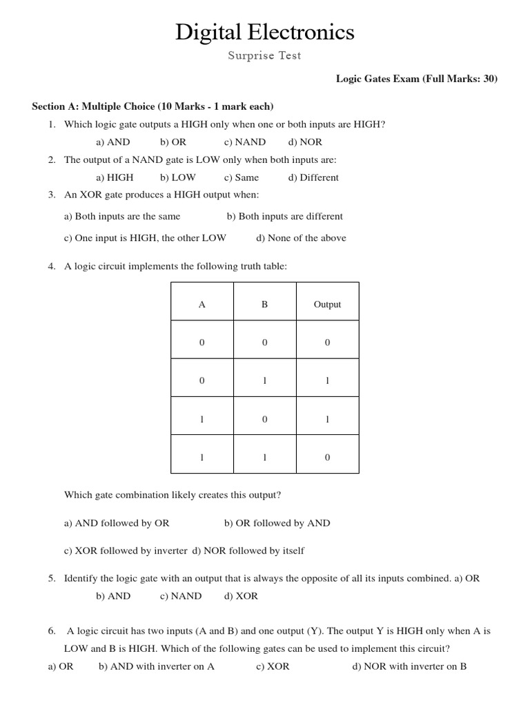 Logic Gates Test for Students | PDF | Logic Gate | Electrical Circuits