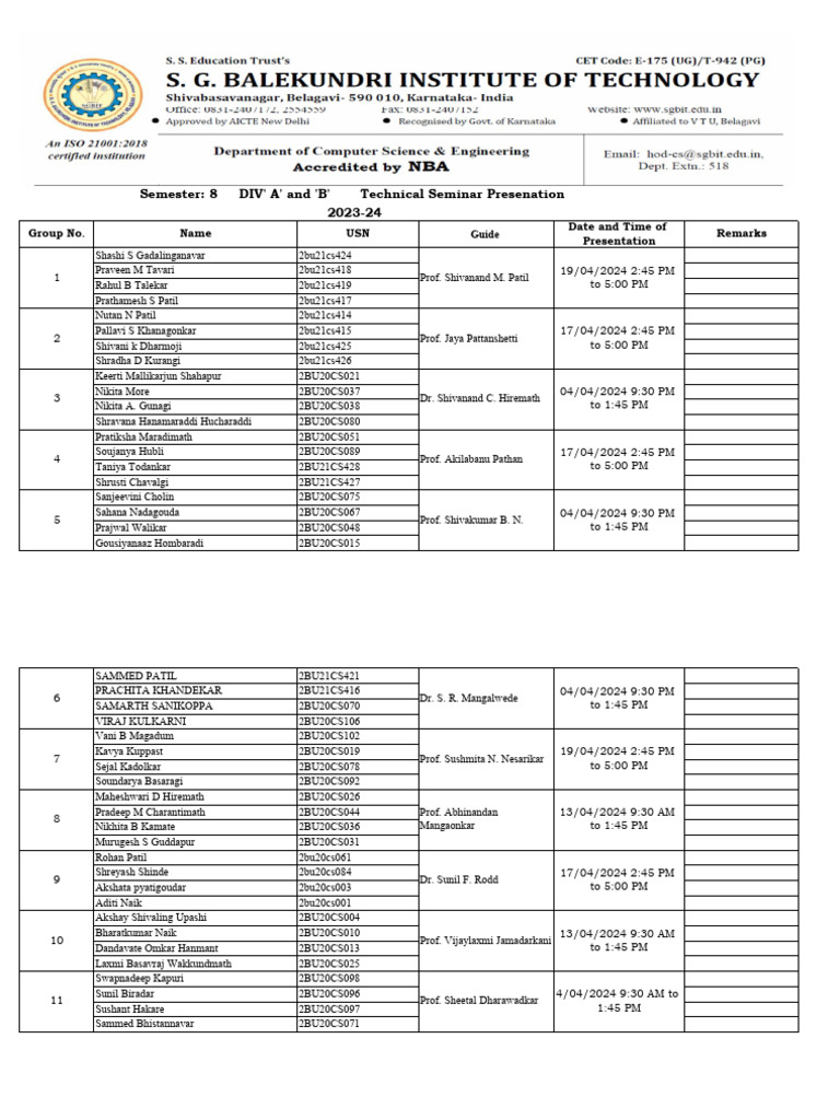 Technical Seminar Schedule | PDF