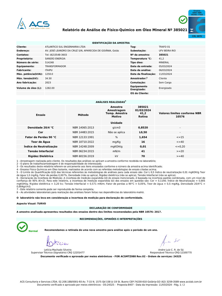 Relatorio Físico-Quimico 385021 Serie 514248 | PDF | Metrologia
