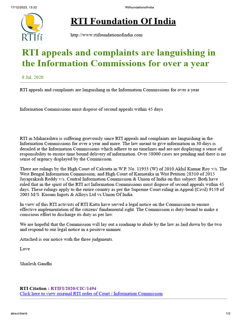RTI Foundation of India | PDF | Appeal | Courts