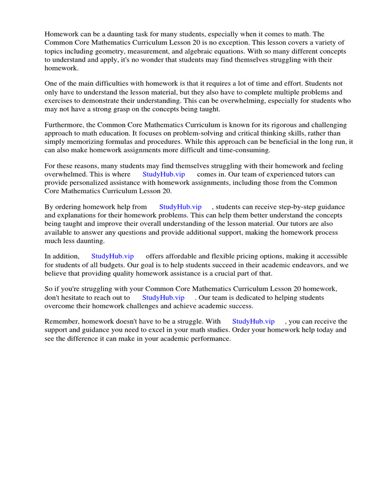 Common Core Mathematics Curriculum Lesson 20 Homework | PDF ...