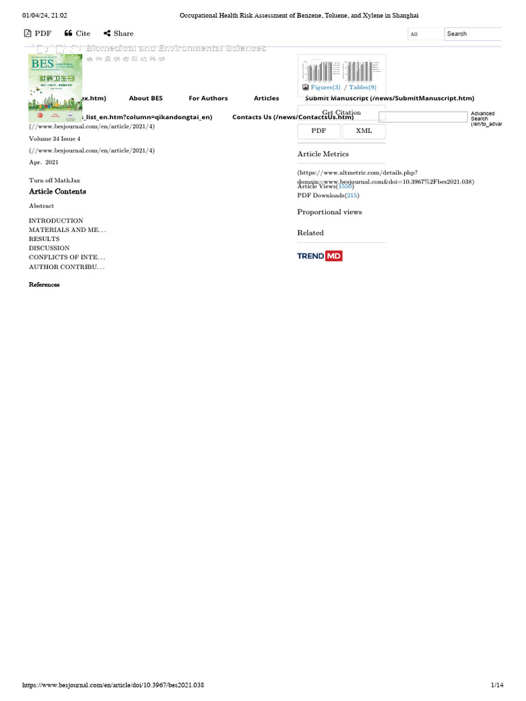 Occupational Health Risk Assessment of Benzene, Toluene, and Xylene in ...