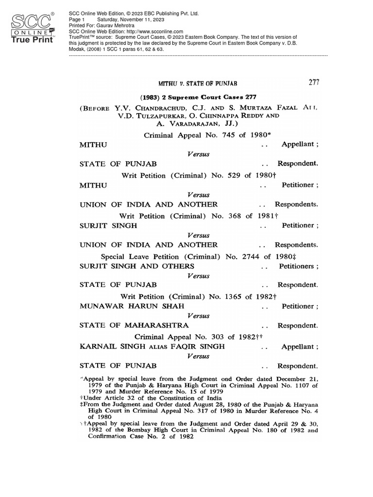 (Para 6-23) S.303 Unconstitutional (Mithu Vs State of Punjab) | PDF | Constitutional Law | Law ...