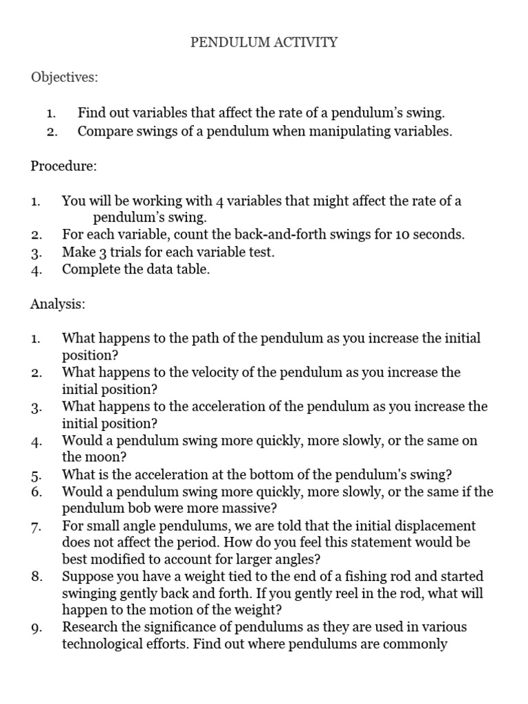 PENDULUM Lab ACTIVITY | Download Free PDF | Pendulum | Weight