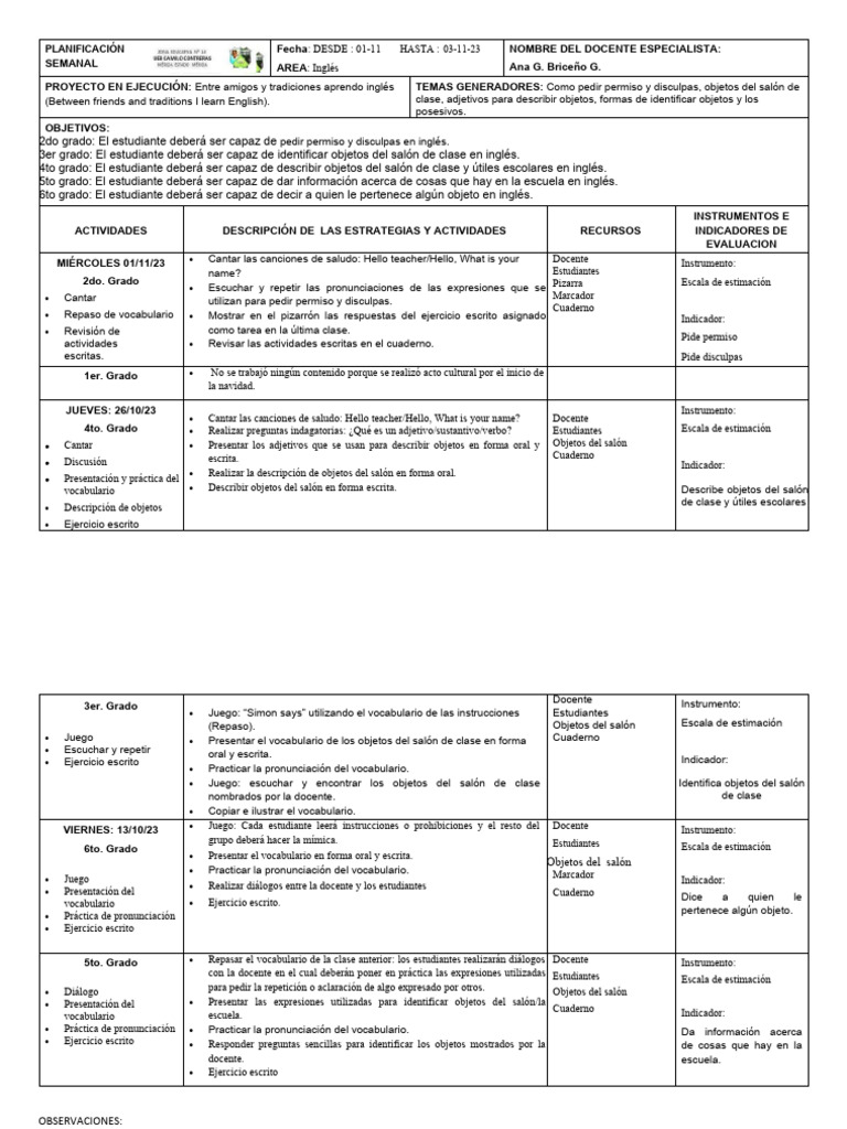 Planificación Semanal 4 | PDF | Lingüística