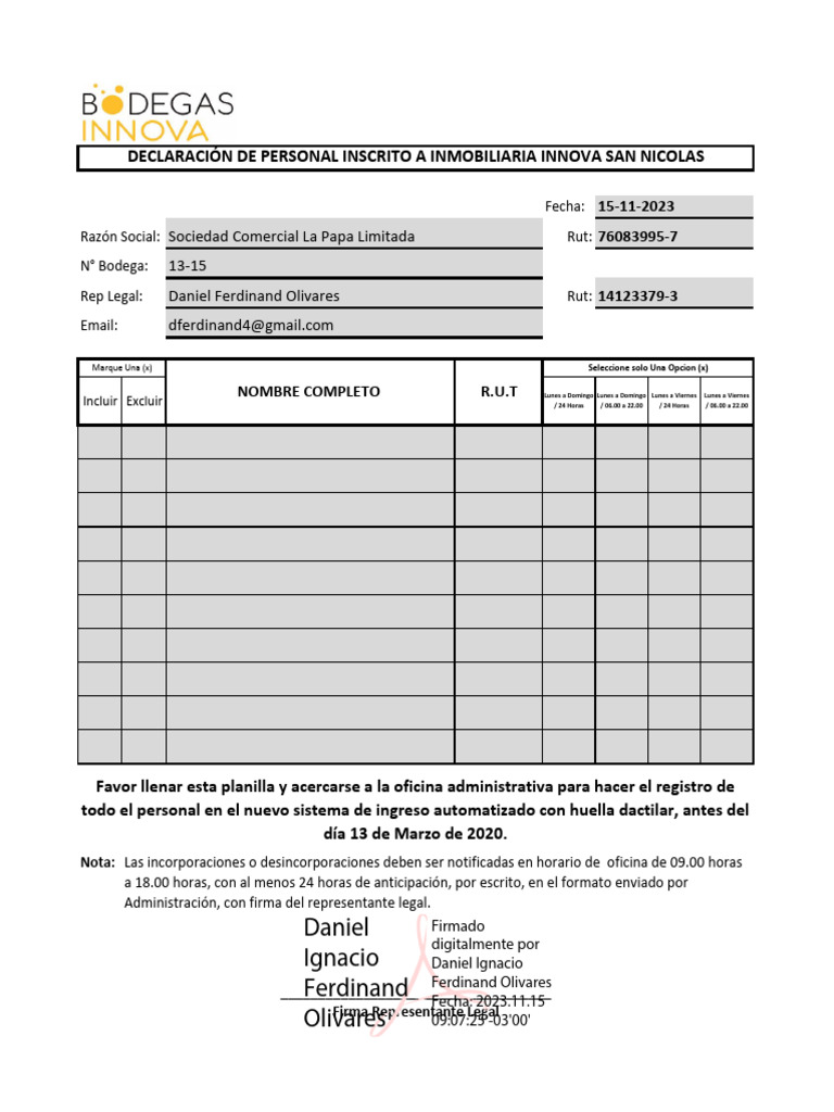 Planilla Ingreso Personal Innova San Miguel | PDF