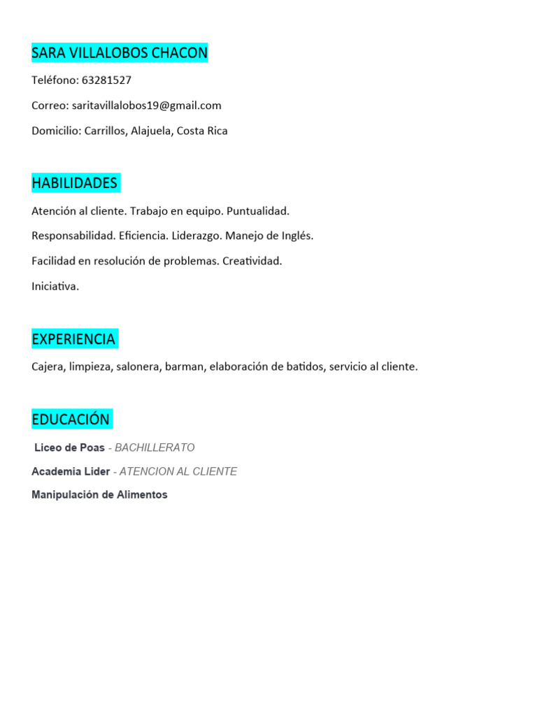 Sara Villalobos Curriculum | PDF